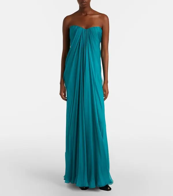 Alexander McQueen Draped Silk Chiffon Bustier Gown