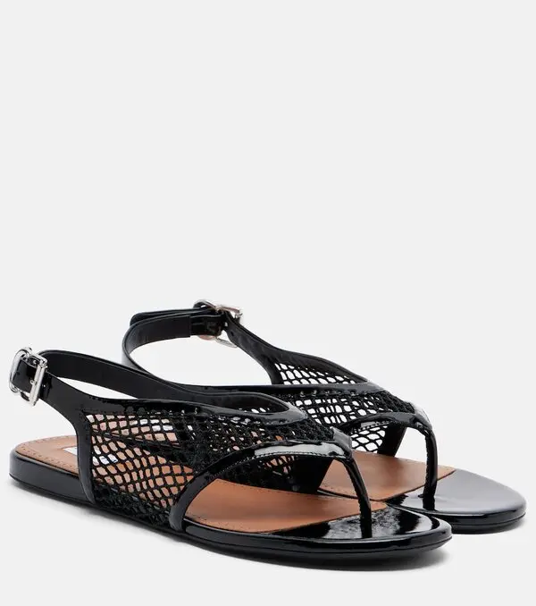 Alaïa Leather-trimmed Fishnet Thong Sandals