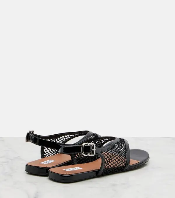 Alaïa Leather-trimmed Fishnet Thong Sandals