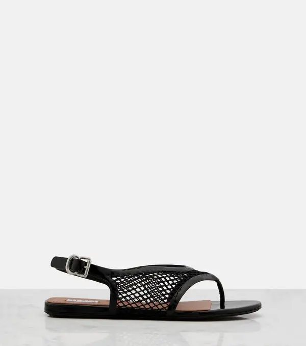 Alaïa Leather-trimmed Fishnet Thong Sandals