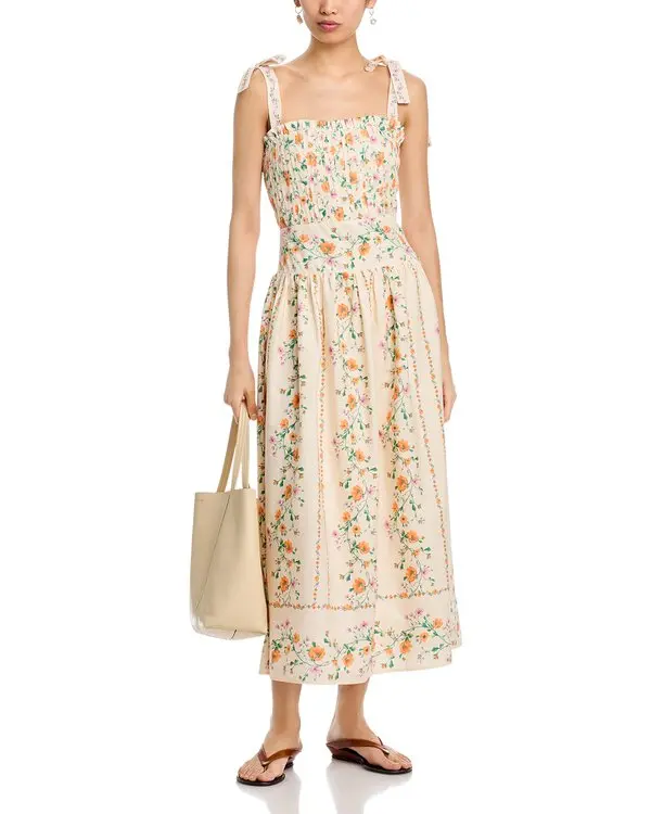 Moon River Tie Strap Smocked Back Floral Print Midi Dress