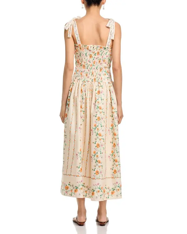 Moon River Tie Strap Smocked Back Floral Print Midi Dress
