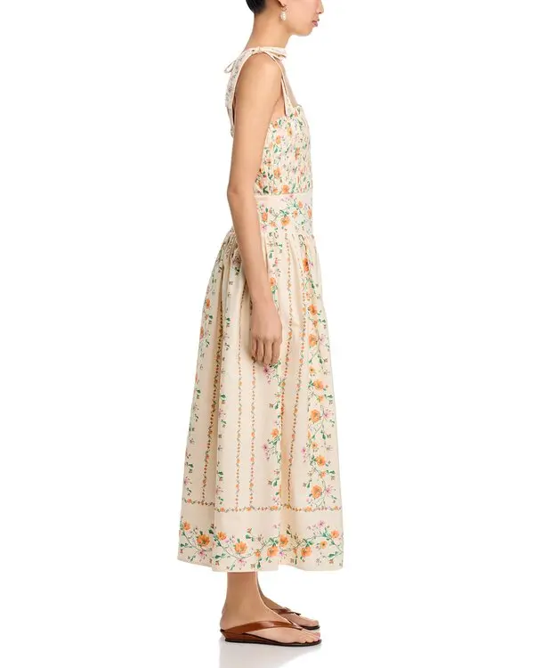 Moon River Tie Strap Smocked Back Floral Print Midi Dress