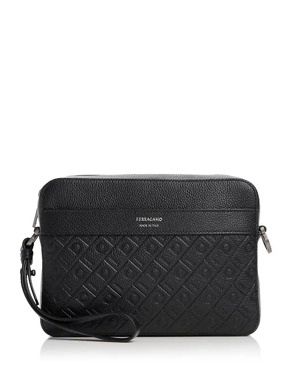 FERRAGAMO Embossed Monogram Leather Shoulder Bag - Nero