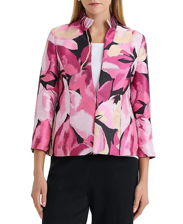 Ming Wang Floral Jacquard Shimmer Lined Jacket - Rose,pink,limestone,white,black
