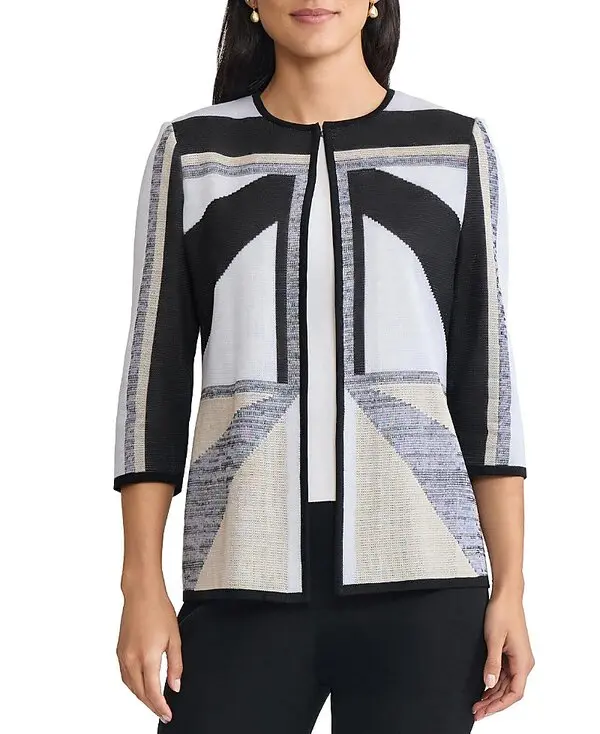 Ming Wang Colorblock Intarsia Knit Jacket - Limestone/black/white