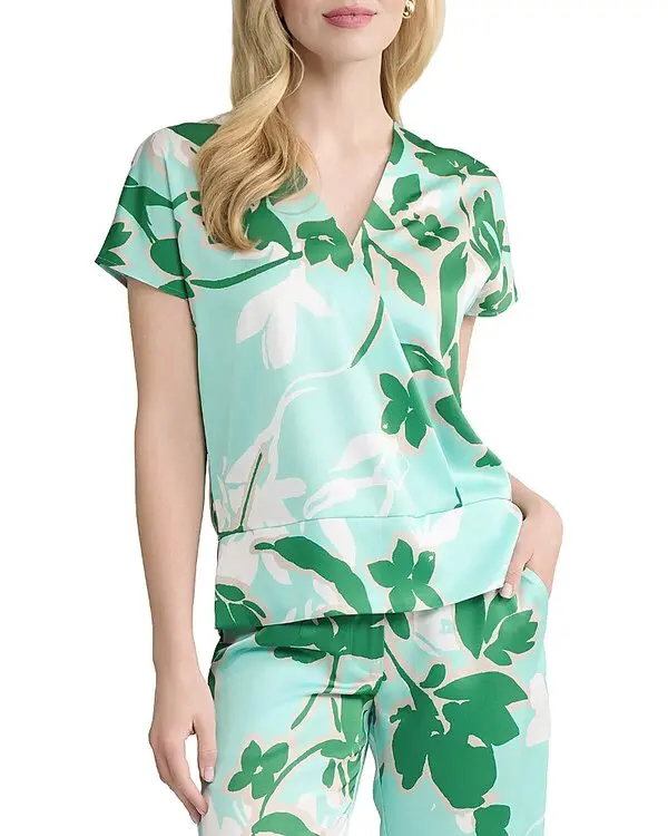 Ming Wang Floral Printed Crepe De Chine Top - Kelly Green/limestone/ivory