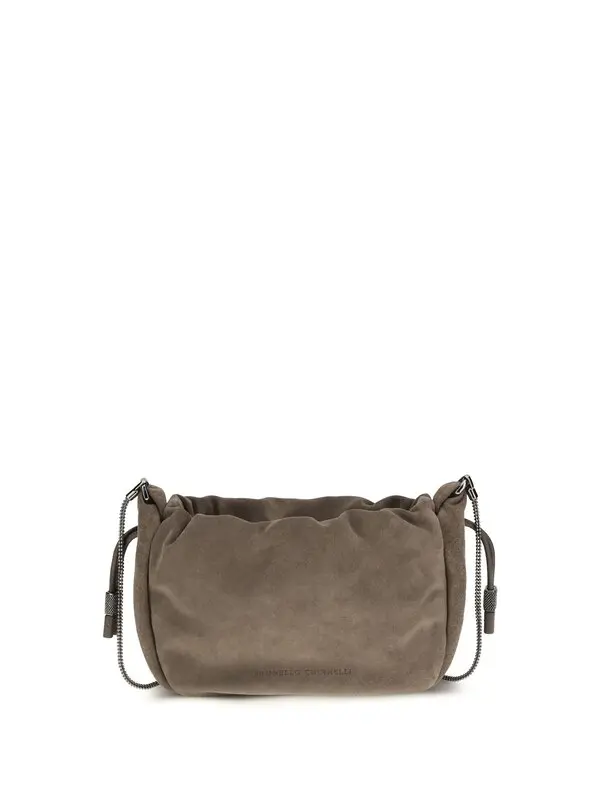 Brunello Cucinelli Suede Shoulder Bag With Precious Chain - Brown