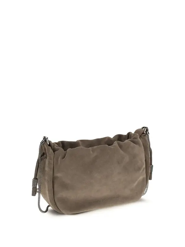 Brunello Cucinelli Suede Shoulder Bag With Precious Chain - Brown