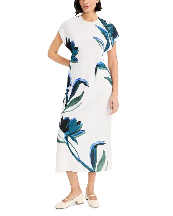 LUXELY Moonlight Crepe Printed Dress - Soft White/bluestone