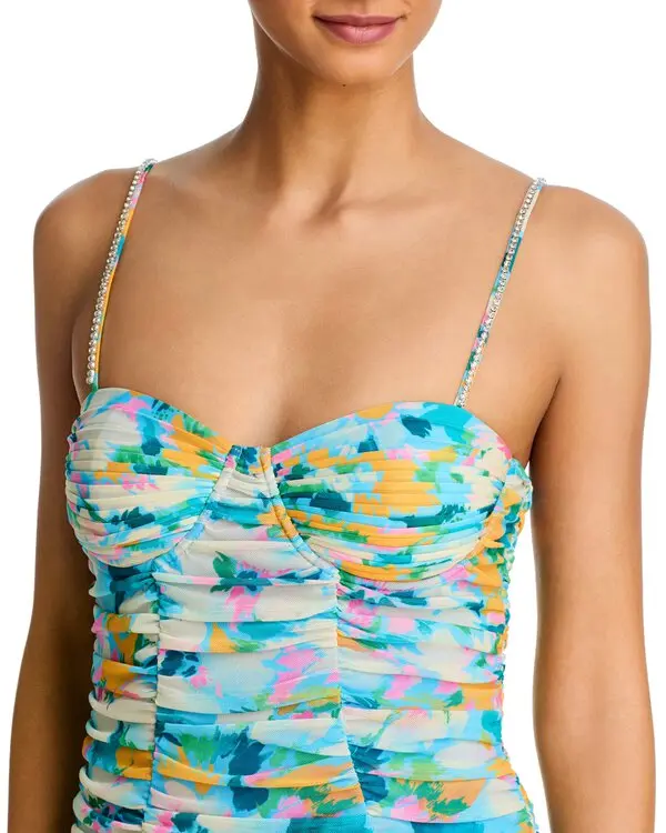 Aqua Floral Mesh Ruched Mini Dress