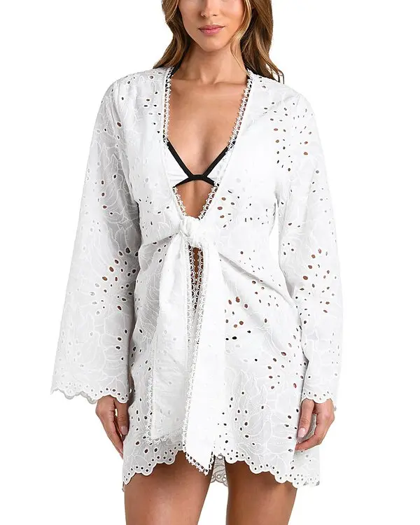 L'Agence Navaeh Monstera Eyelet Kimono Cover-up - White