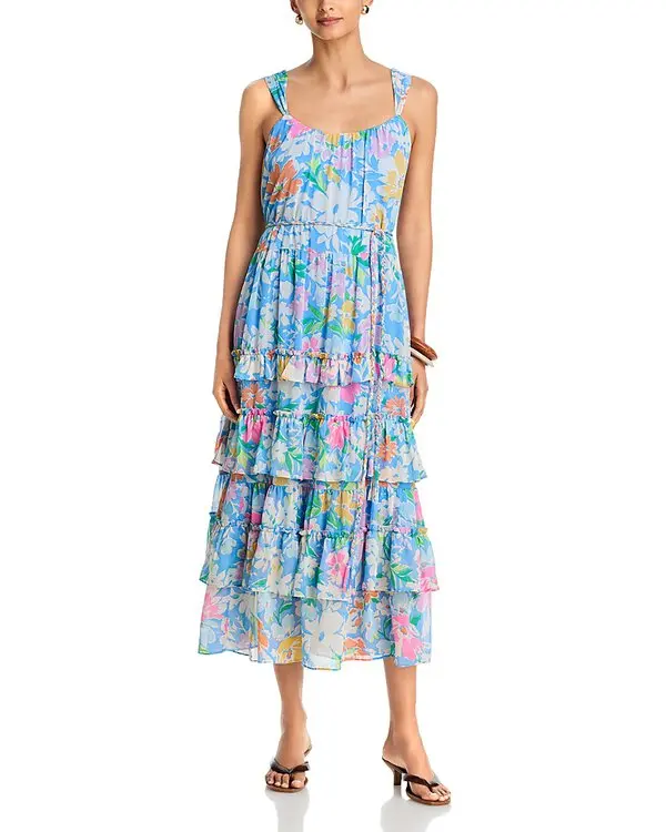 Aqua Floral Ruffle Hem Midi Dress - Blue Multi