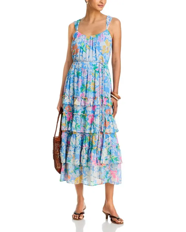 Aqua Floral Ruffle Hem Midi Dress
