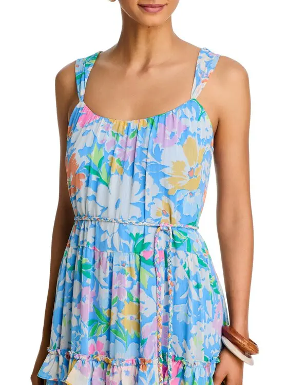 Aqua Floral Ruffle Hem Midi Dress