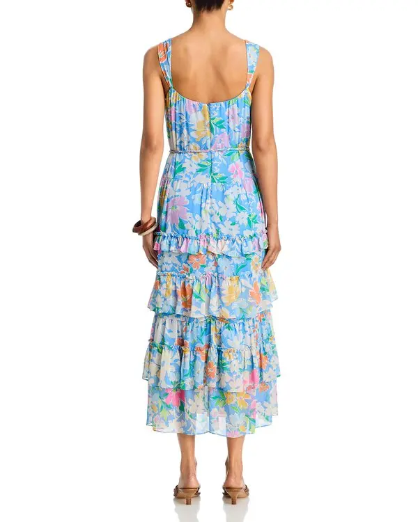 Aqua Floral Ruffle Hem Midi Dress
