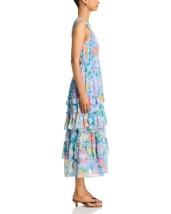 Aqua Floral Ruffle Hem Midi Dress