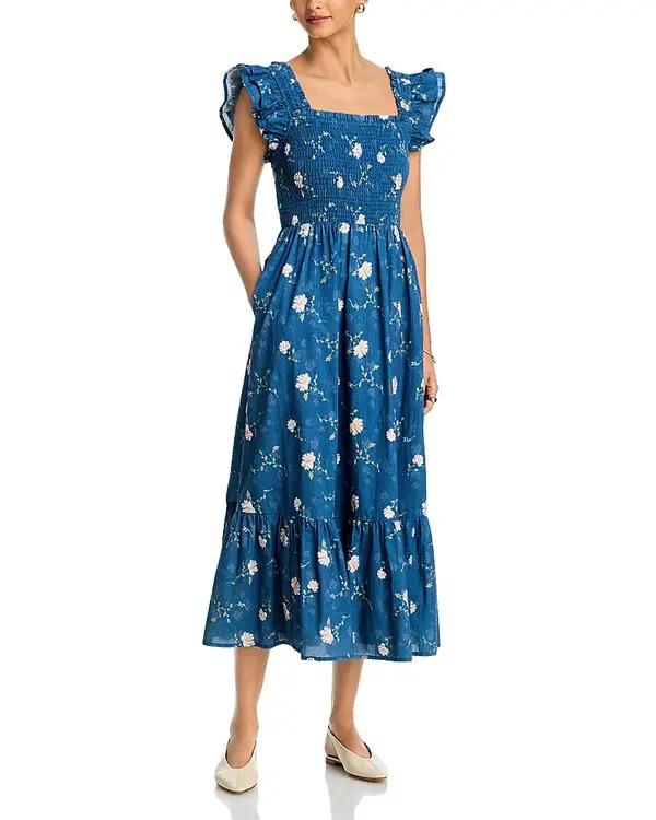 Aqua Floral Smocked Midi Dress