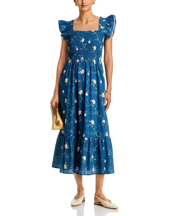 Aqua Floral Smocked Midi Dress