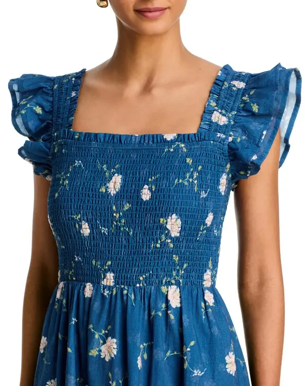 Aqua Floral Smocked Midi Dress