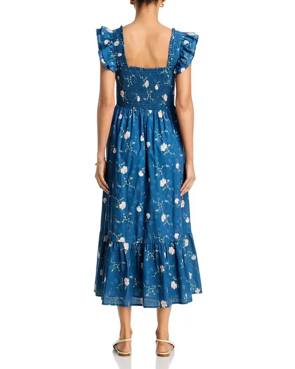 Aqua Floral Smocked Midi Dress