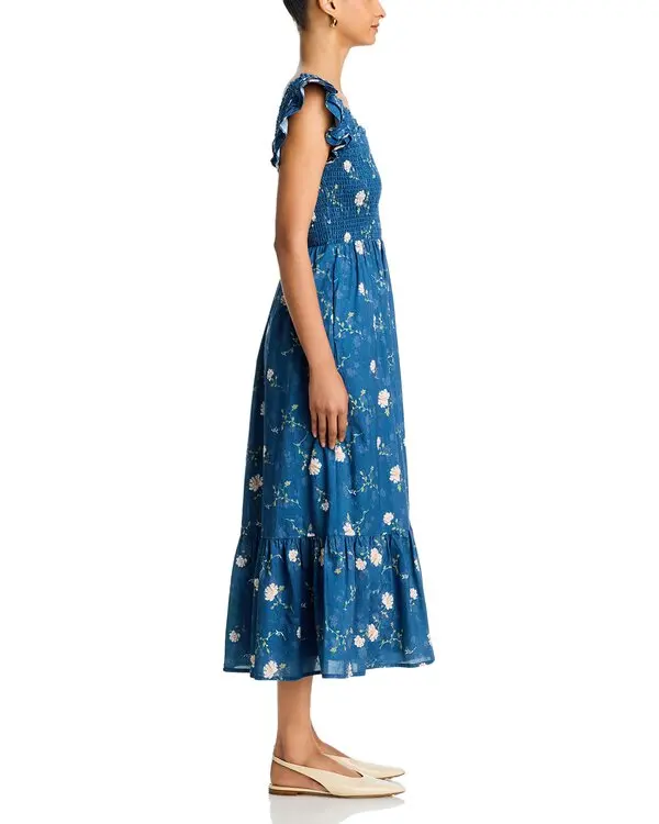 Aqua Floral Smocked Midi Dress