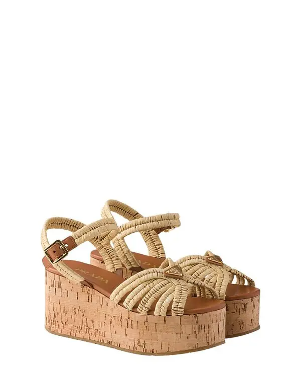 Prada Raffia Platform Sandals With Cork Wedge