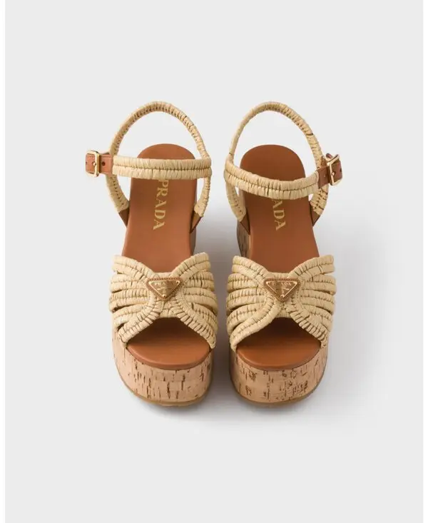 Prada Raffia Platform Sandals With Cork Wedge