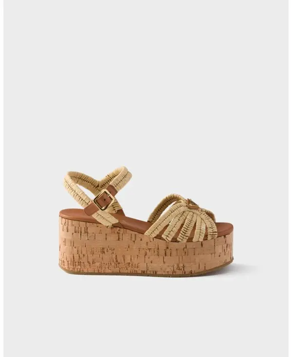 Prada Raffia Platform Sandals With Cork Wedge