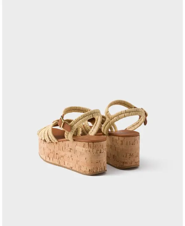 Prada Raffia Platform Sandals With Cork Wedge