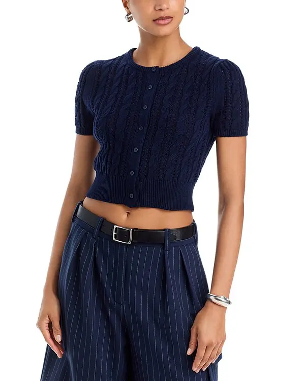 Aqua Pointelle Short Sleeve Cardigan