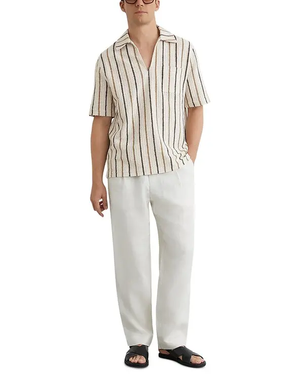 REISS Chatham Stripe Crochet Polo Shirt - Ecru