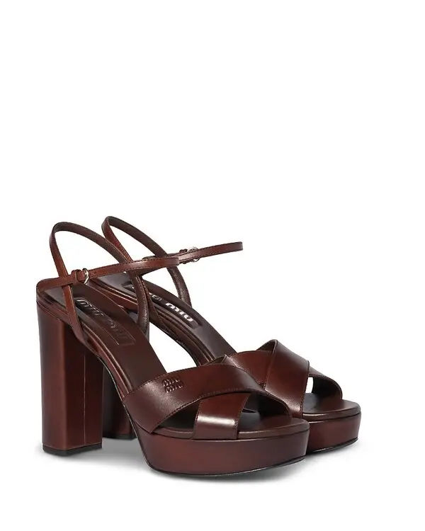 Miu Miu Leather Platform Sandals - Caffe'