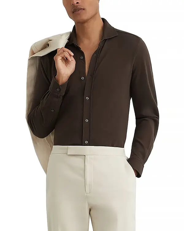 REISS Dasilva Garment Dyed Pique Shirt - Chocolate
