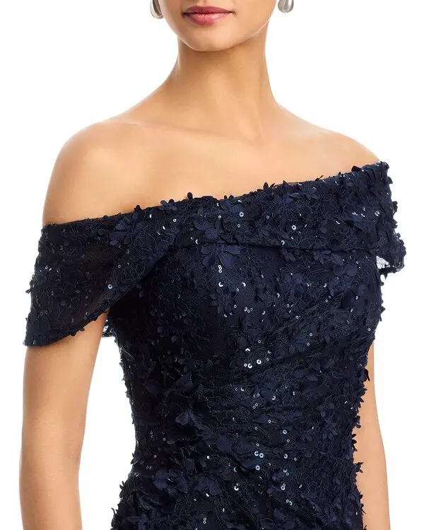 Rickie Freeman For Teri Jon 3d Lace Off-the-shoulder Gown