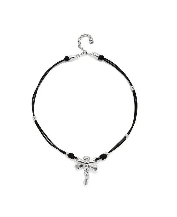 UNODE50 Leather Dragonfly Pendant Necklace - Silver