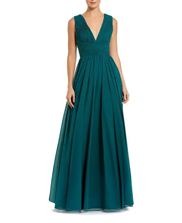 Mac Duggal Sleeveless Ruched V-neck Chiffon Gown - Teal