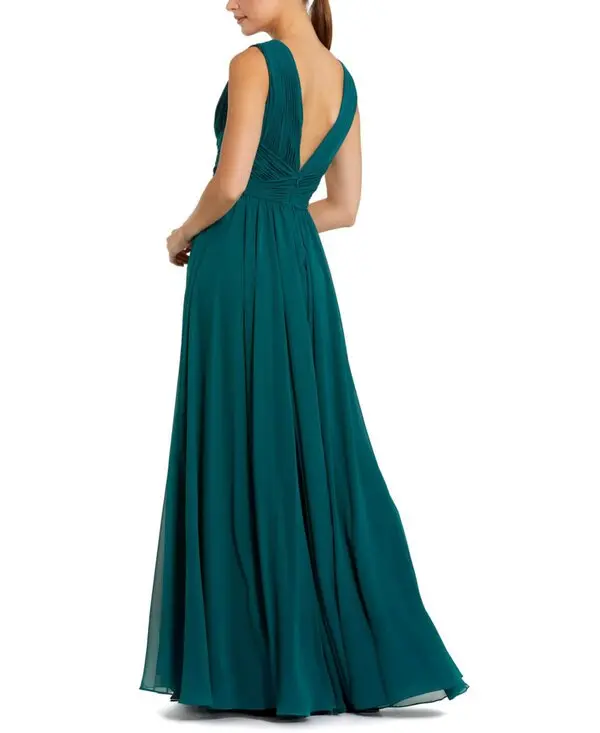 Mac Duggal Sleeveless Ruched V-neck Chiffon Gown - Teal