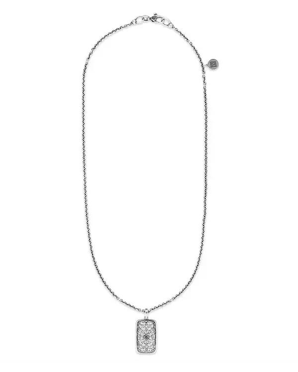 John Varvatos Sterling Black Diamond Ornate Gothic Tag Pendant Necklace