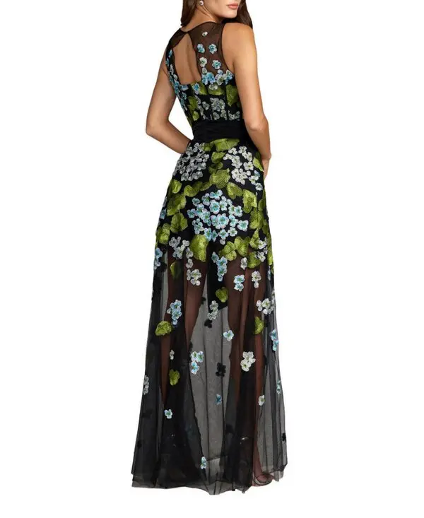 Mac Duggal Sleeveless Gown With Mesh Applique And Bow Belt