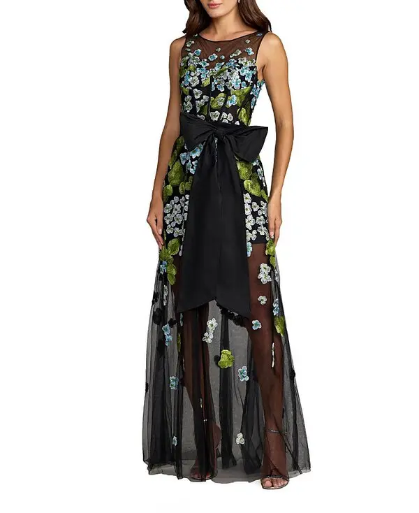 Mac Duggal Sleeveless Gown With Mesh Applique And Bow Belt - Blue Multi