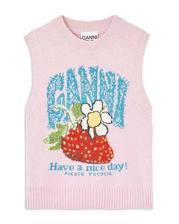 GANNI Strawberry Graphic Wool Blend Vest - Chalk Pink