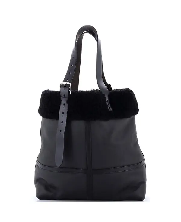 Hermès Aviateur Etriviere Shopping Tote Bag Cristobal With Vache Hunter And Shearling - Black