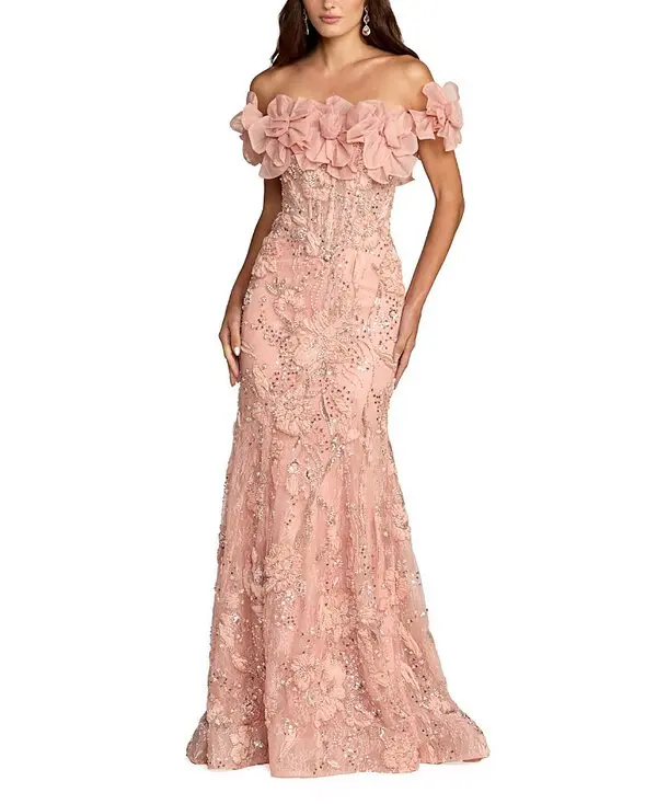 Mac Duggal Off-the-shoulder Mermaid Gown With 3d Floral Embellishments - Blush