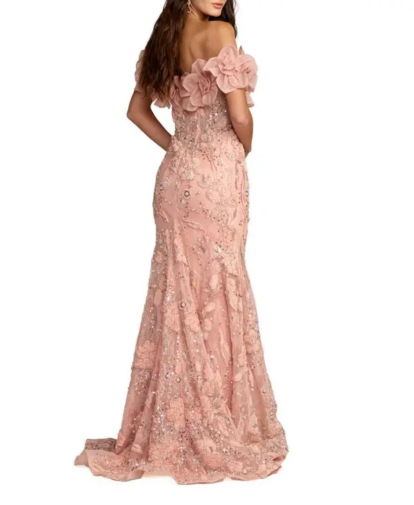 Mac Duggal Off-the-shoulder Mermaid Gown With 3d Floral Embellishments