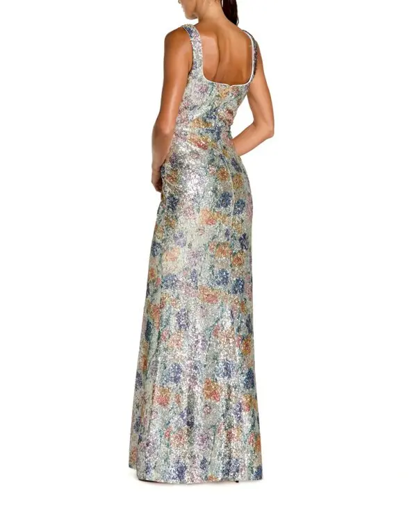 Mac Duggal Floral Sequin Sleeveless Square Neck Gown