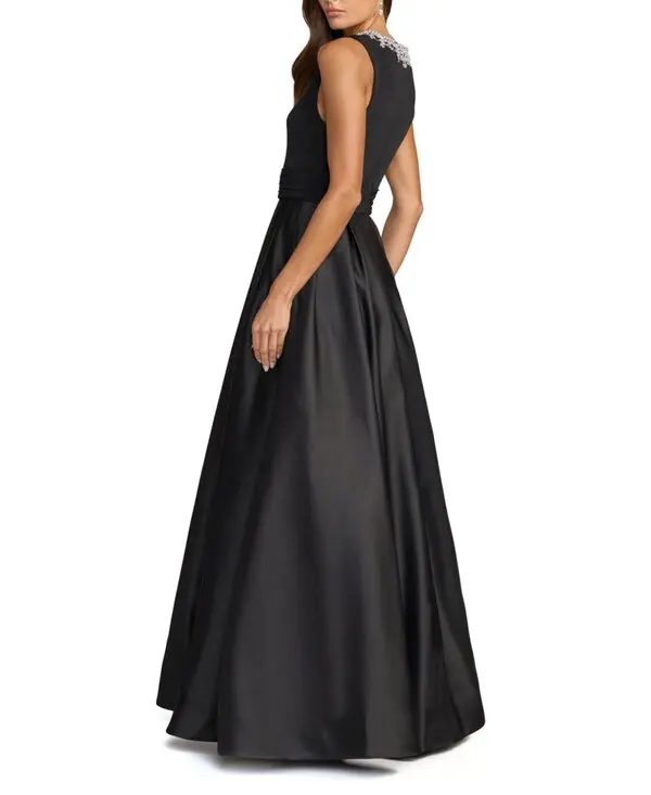 Mac Duggal Pearl-embellished High-neck Sleeveless A-line Evening Gown