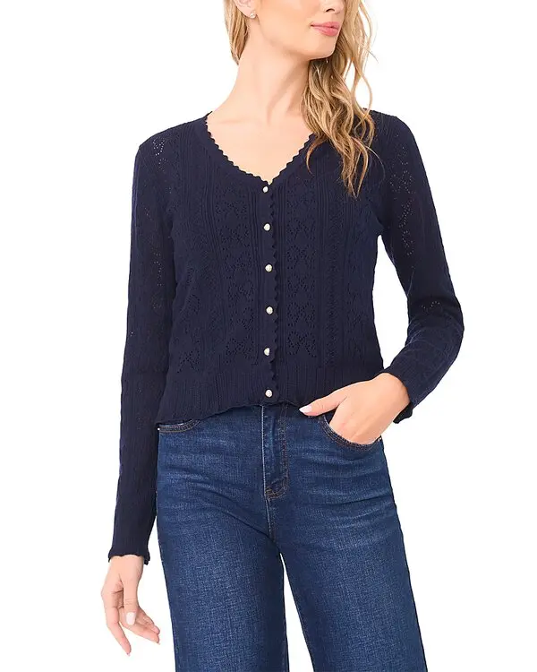 CECE DUPRAZ Pointelle V-neck Cardigan Sweater - Classic Navy