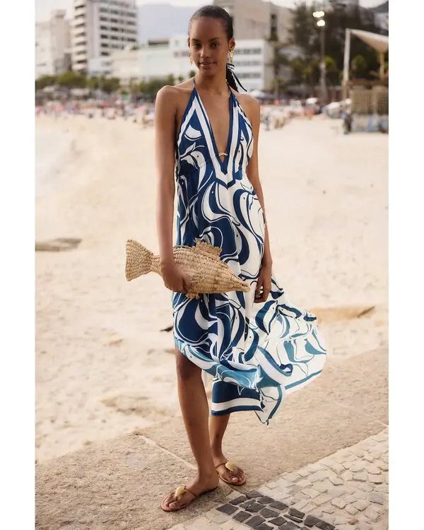 farm rio halter cover-up maxi dress Blue Plunging Neck Dusty blue occasion dress
