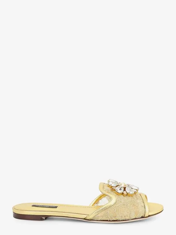 Dolce & Gabbana Gold Lurex Lace Crystal Embellished Sandals - Multicolor